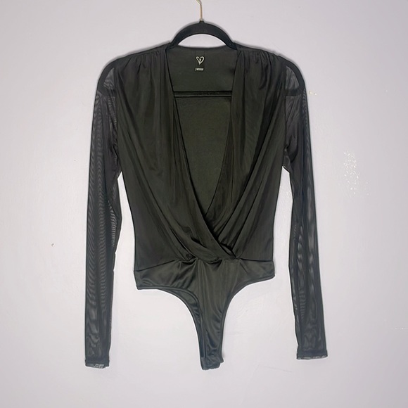 Windsor | Tops | Windsor Black Plung Neckline Mesh Longsleeve Bodysuit ...